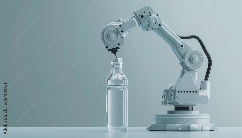 Robot Arm Labeling Bottles in Manufacturing Process Robot arm in the ...