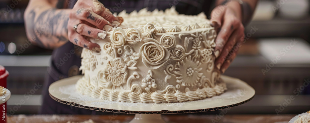 A baker decorating a cake with intricate designs inspired by vintage ...