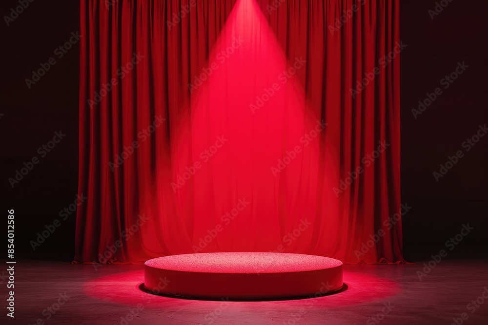Red light stage curtain backdrop, dark studio, VIP club winner pedestal ...