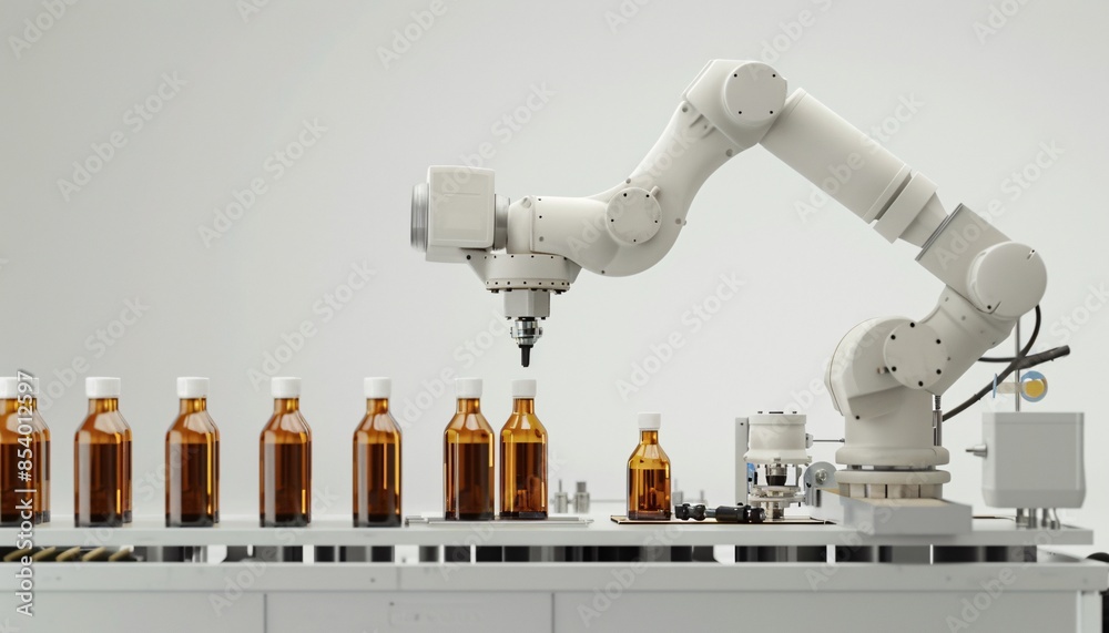 Robotic Arm in Manufacturing Process Handling Moving Bottle Mockups ...
