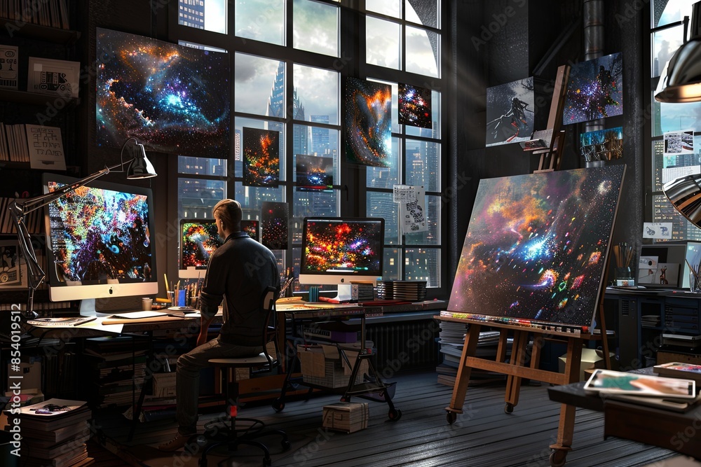 An artist sits at a desk in a modern studio, using AI-powered tools to ...