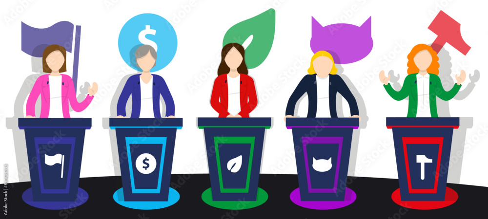 Women speakers speaking behind podiums set vector illustration. Cartoon ...