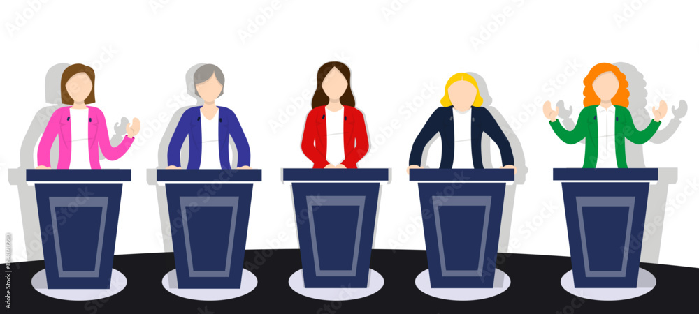 Women speakers speaking behind podiums set vector illustration. Cartoon ...