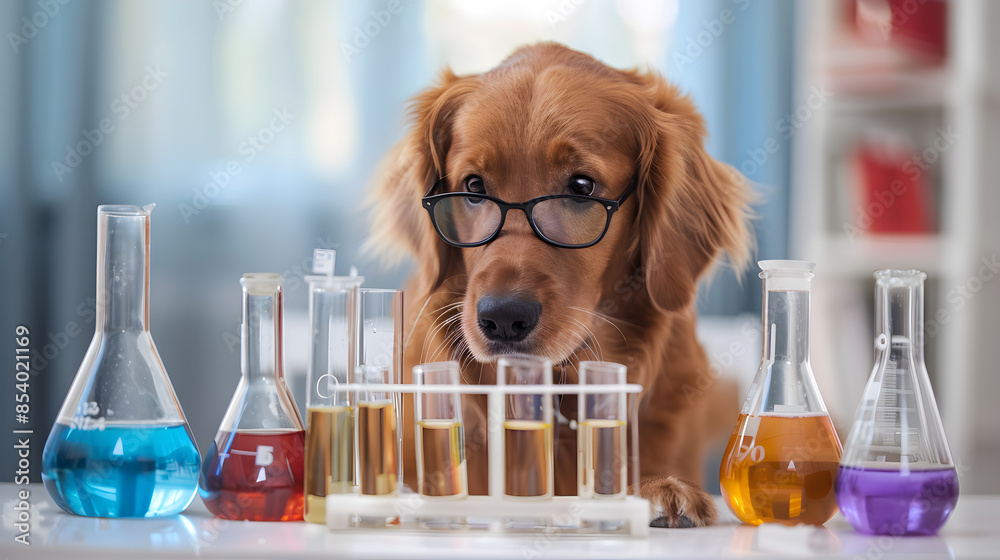 Dog scientist conducting experiments with beakers and test tubes. Stock ...
