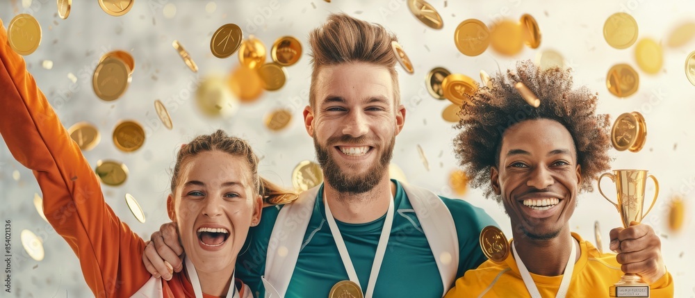Happy athletes celebrating with gold medals and confetti. Group of ...