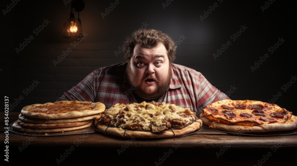 Obese person eating fast food. Happy smiling, crazy overweight person ...