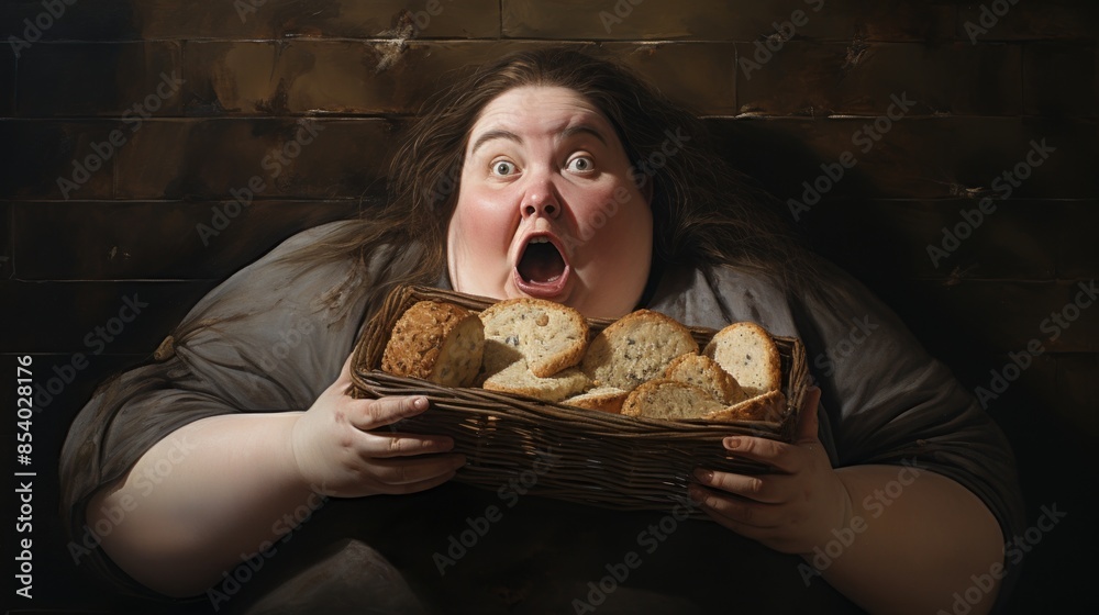 Obese person eating fast food. Happy smiling, crazy overweight person ...