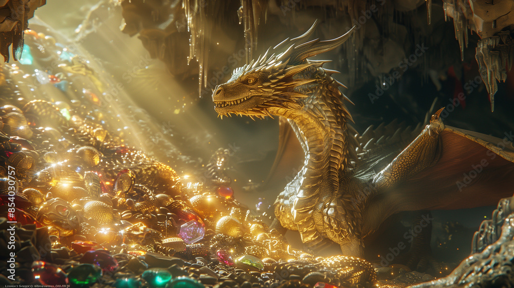 majestic dragon perched on a treasure hoard with radiant gemstones and ...