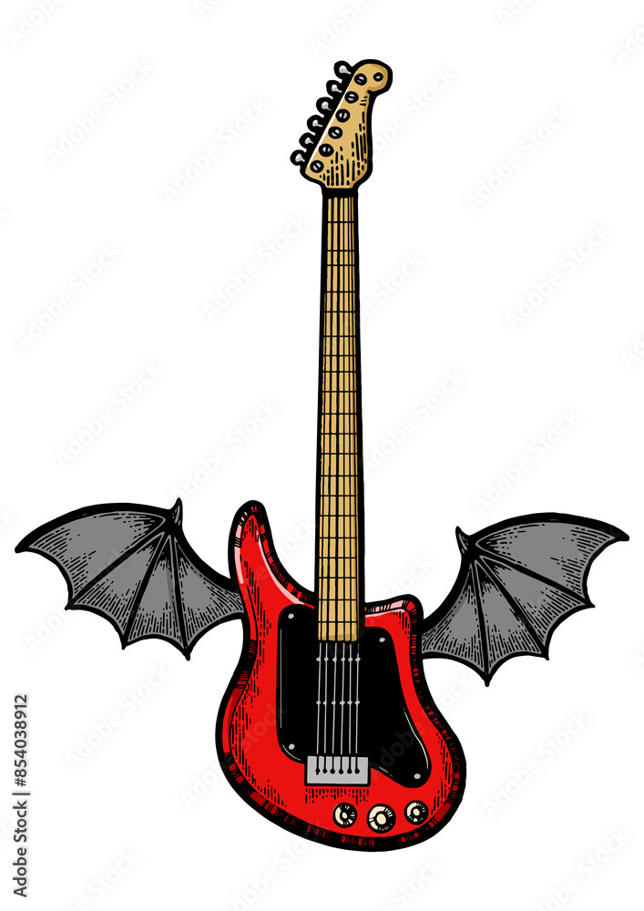 Flying Electric guitar with bat wings red color sketch engraving PNG ...
