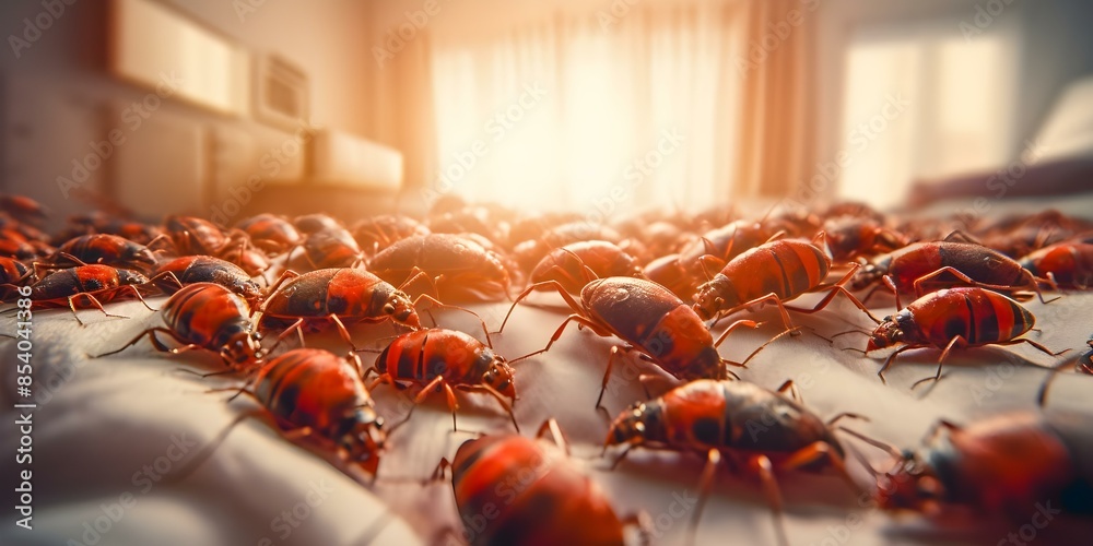 Luxury red bed bugs infesting a big bed in a room. Concept Bed Bug ...