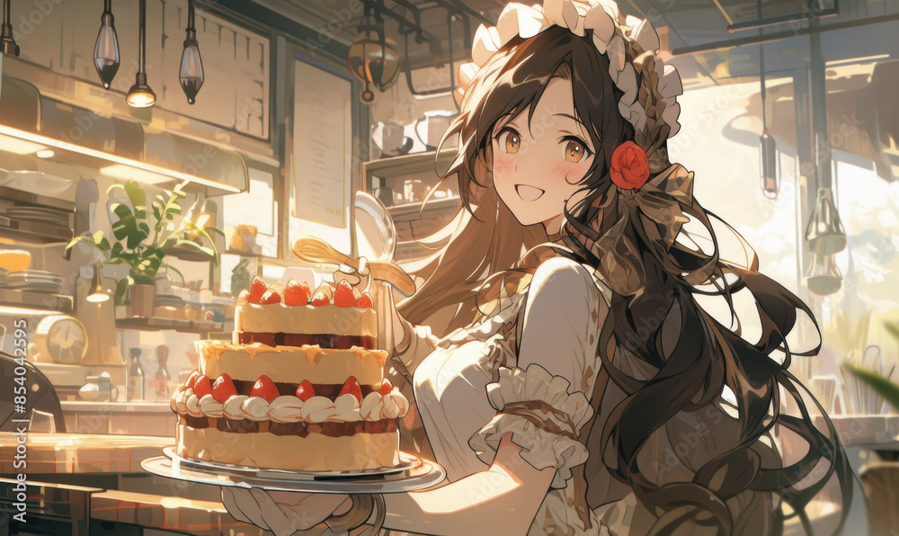 Classic anime art style of a super attractive young female baking a ...