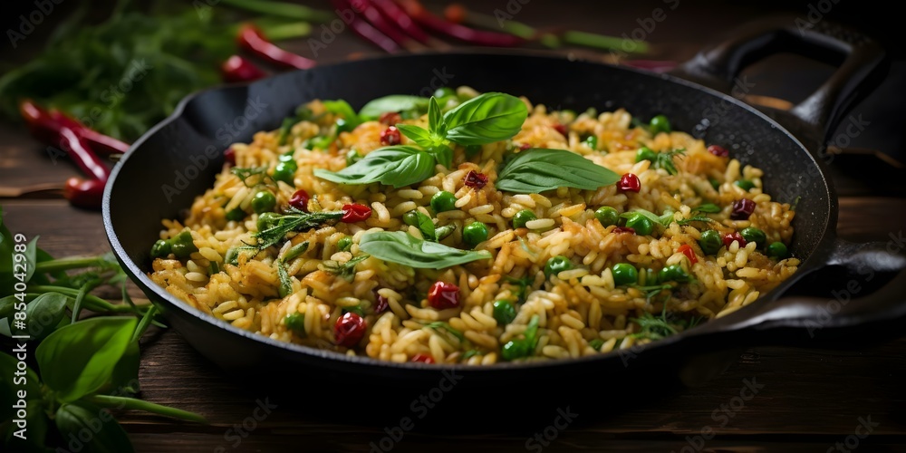 Topdown view of Spanakorizo Greek spinach rice pilaf in frying pan ...