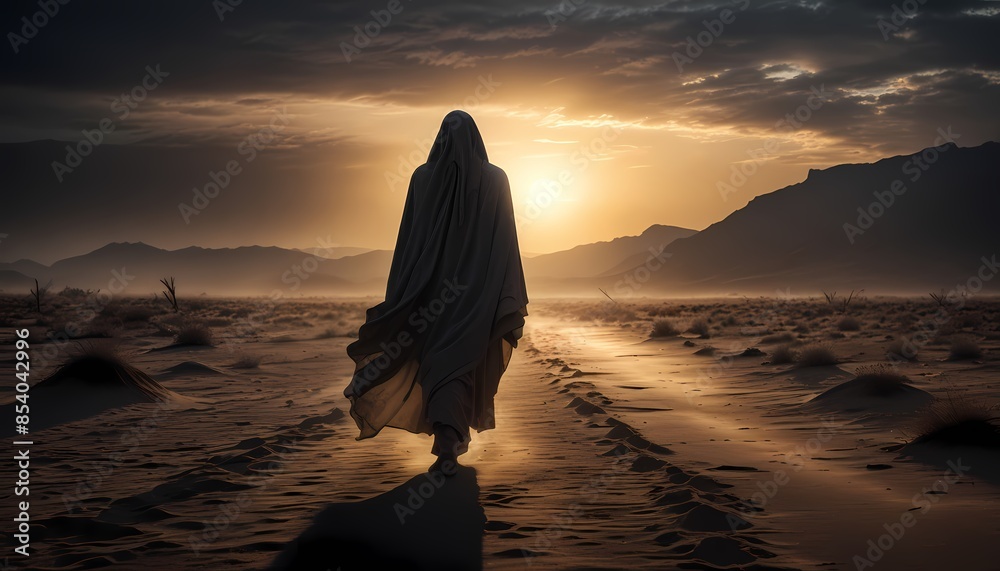Desert ghost, sunrise in the desert, the black figure of a ghost on the ...