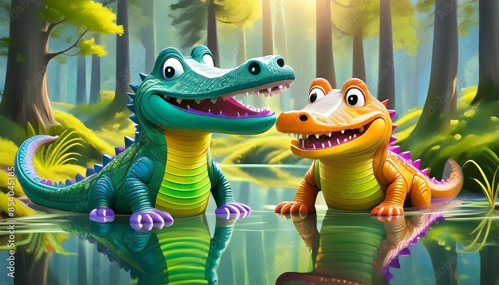 Dos alegres y divertidos cocodrilos hechos de tiras de plastilina de ...
