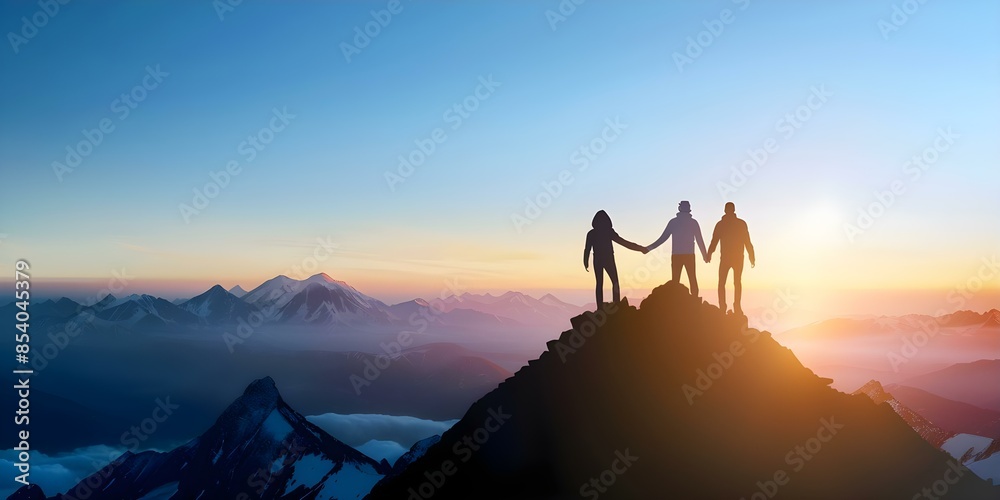 Unity and Teamwork Three People Holding Hands on a Mountaintop. Concept ...