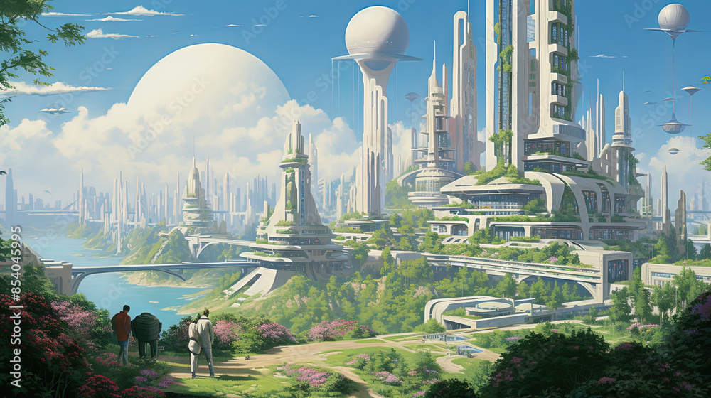 Science fiction landscape with retro futuristic sunny city on the ...