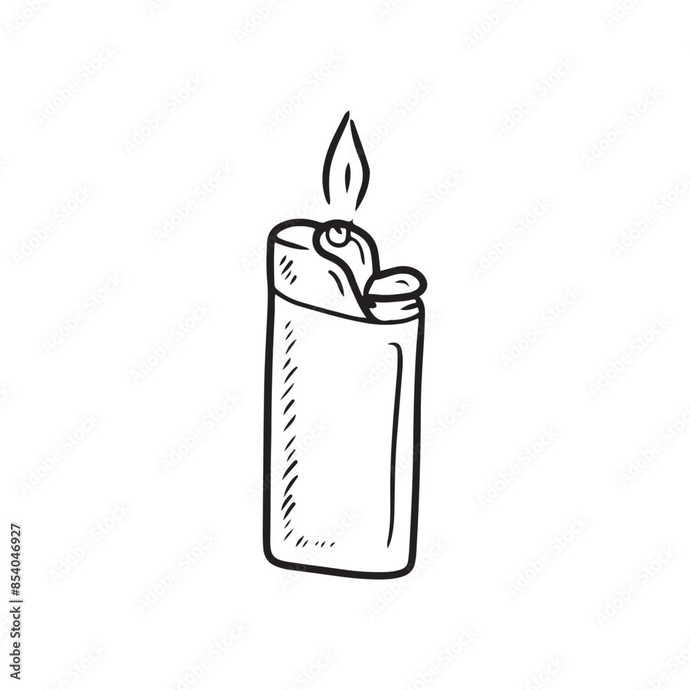 Cigarette lighter with fire in black isolated on white background. Hand ...