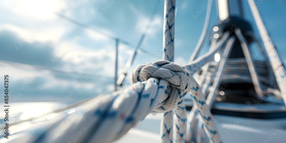 Closeup photo of sailboat mast rigging and equipment on a marine vessel ...
