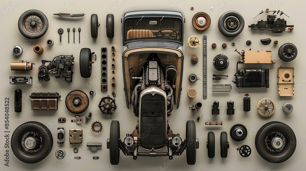 An artistic rendering of a disassembled vintage car. The car is shown ...