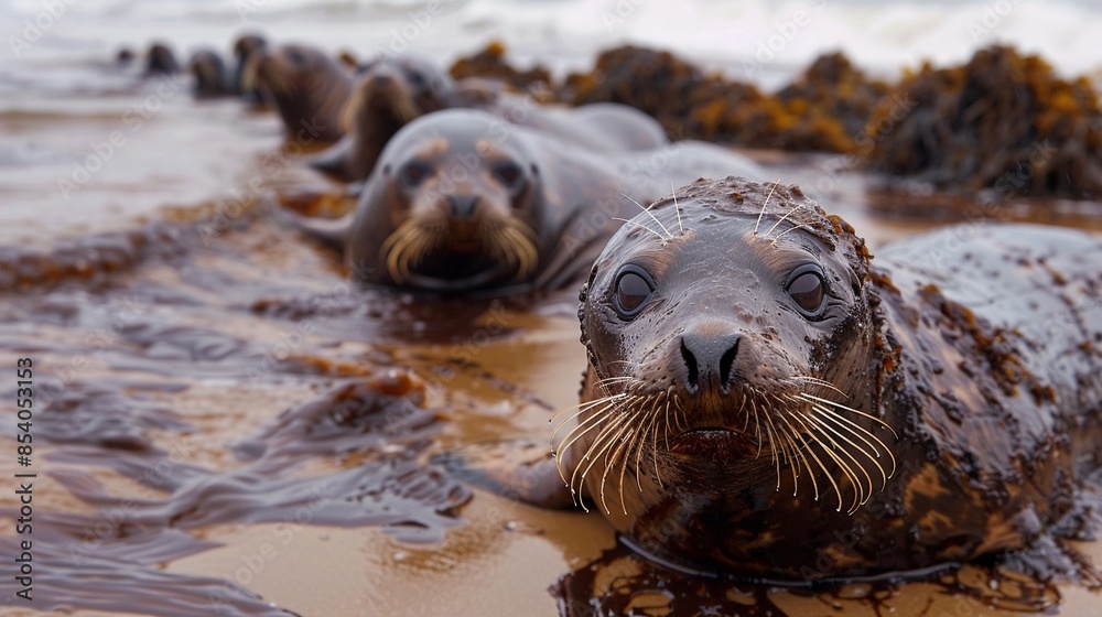 Seals covered in oil, moving out of a toxic slick onto the beach ...