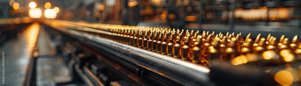 Row of freshly manufactured bullets on a conveyor system in an ...