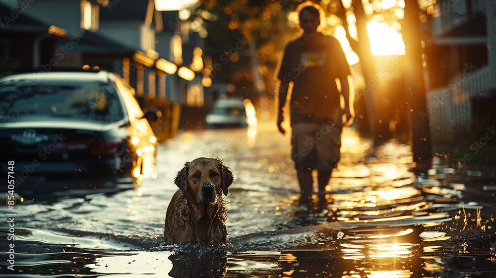 Soggy dogs wading through waterlogged streets in a suburban area at dusk, with sunlight casting ...