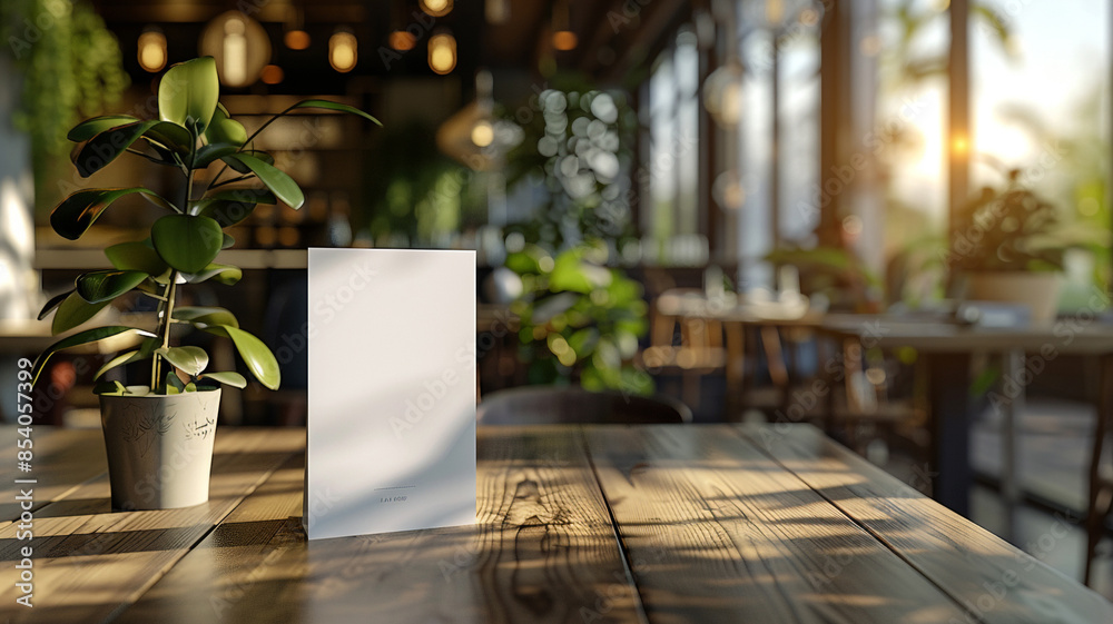 Blank menu card on a wooden table in a cozy restaurant setting with a ...