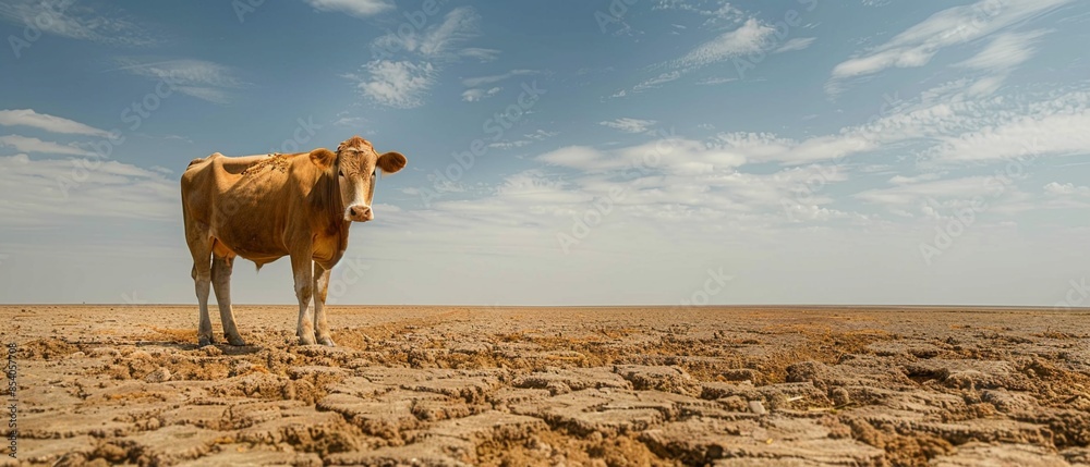 Weak and malnourished cow on barren land, illustrating the severe ...