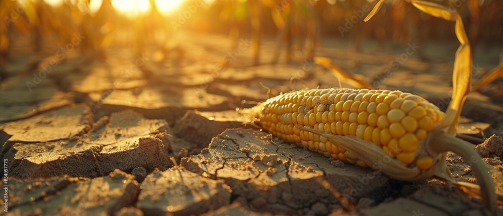 Fallen ears of corn on dry, cracked soil in a sunlit cornfield ...
