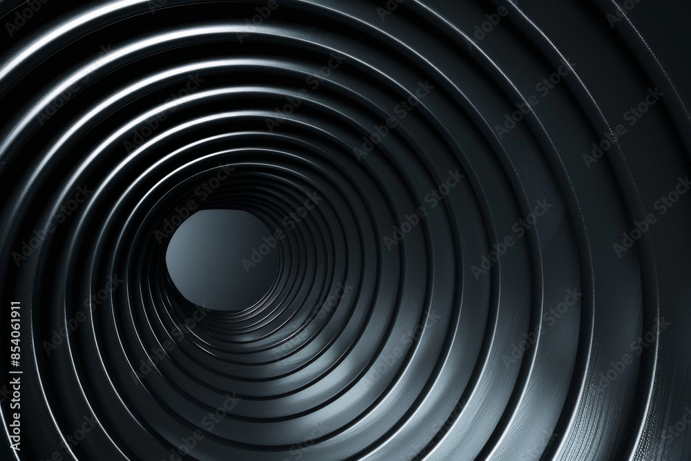 Abstract image of concentric metal rings with a circular tunnel effect ...