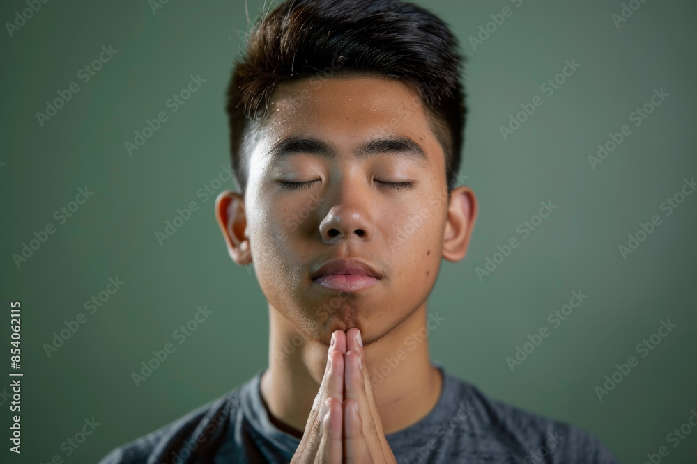 a Young Asian Man Praying: A young Asian man bowing in prayer with a ...