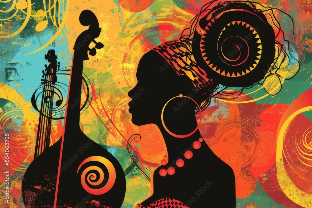 African music, woman silhouette and musical instruments, color poster ...