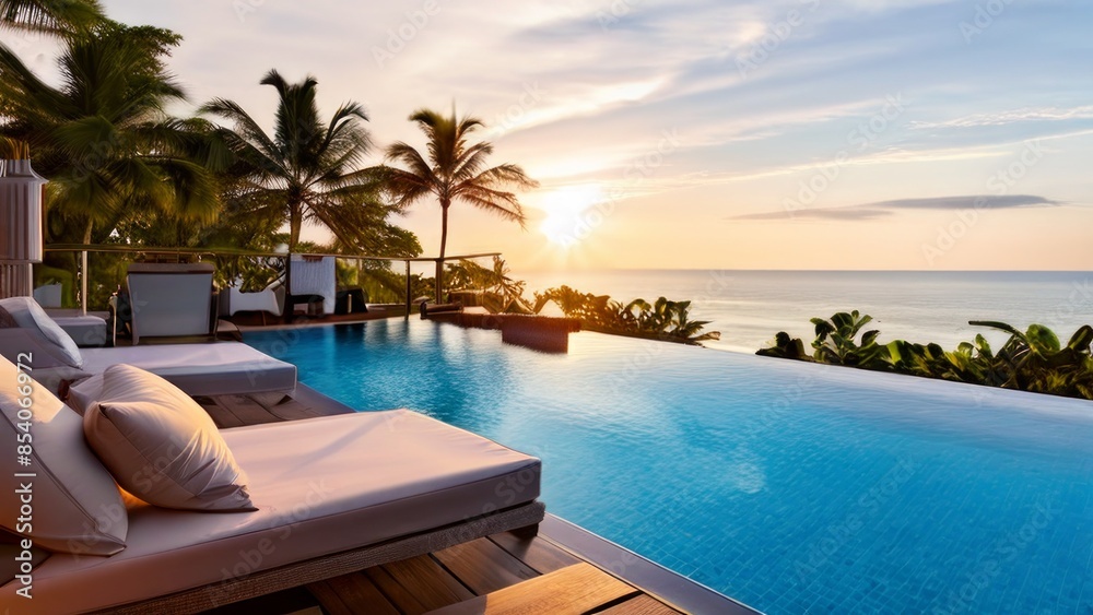 An outdoor infinity pool with a sunset backdrop overlooking the horizon ...