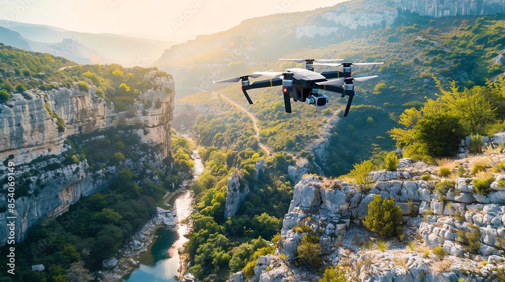 Drones with cameras hovering over a breathtaking landscape, capturing ...