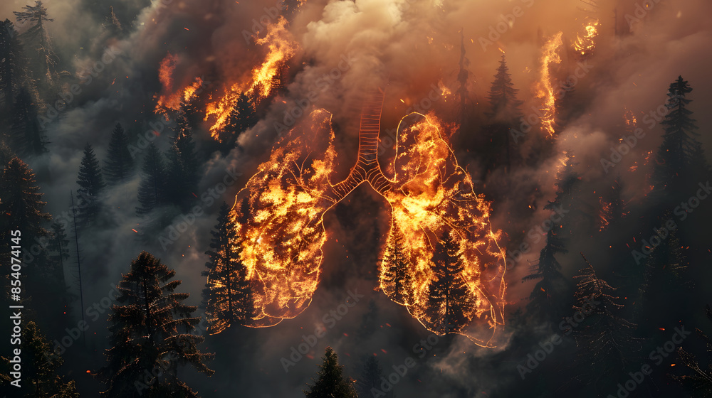 The image shows the devastating impact of wildfires as flames engulf ...