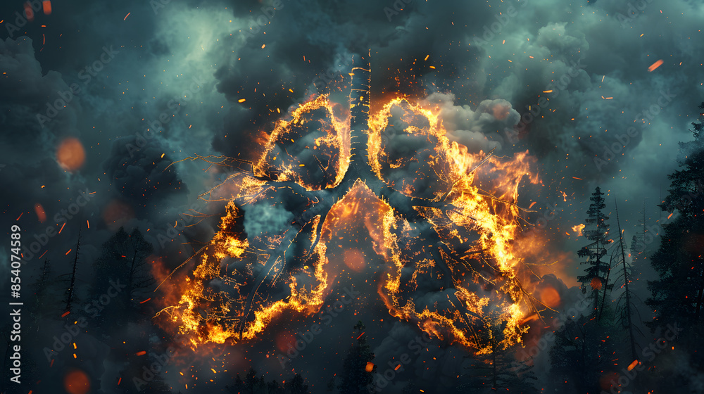 The image shows the devastating impact of wildfires as flames engulf ...