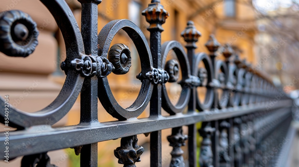 Wrought iron fencing around a house, highlighting intricate scrollwork ...