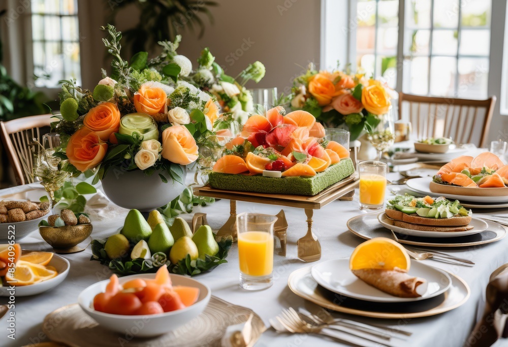 elegant brunch table set mimosa cocktails variety food dishes ...