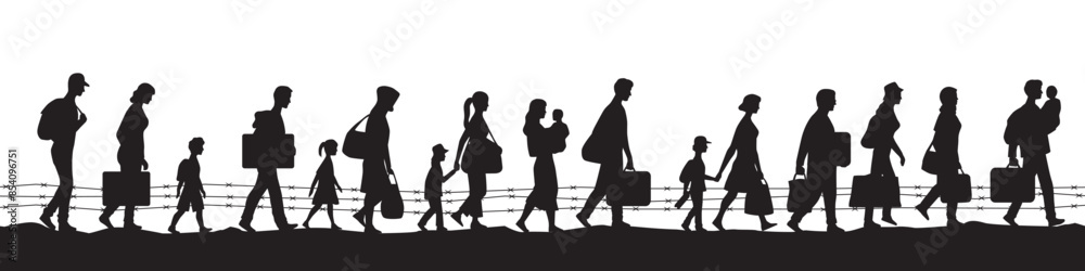 Refugee Group Silhouette. Banner with people crossing border with ...