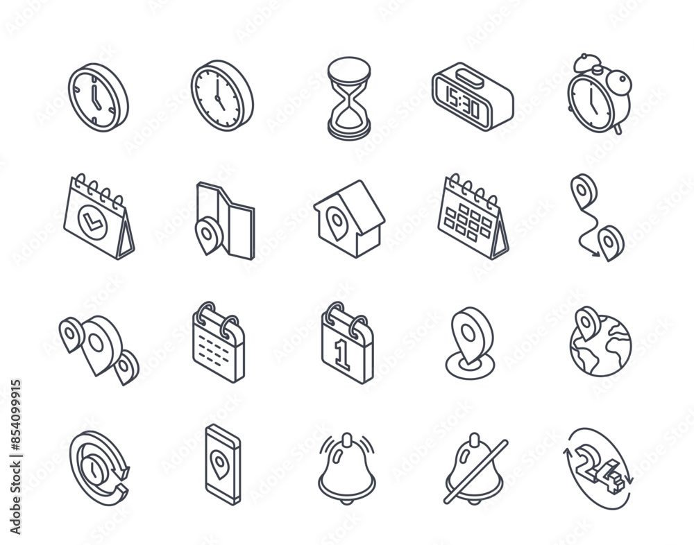 Set of isometric time management line icons. Simple signs with calendar ...