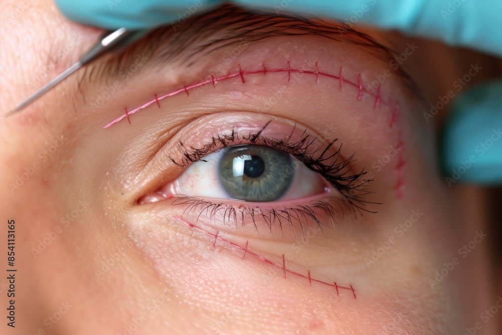 blepharoplasty of the eyes, eyelids, remaining suture, surgical thread ...