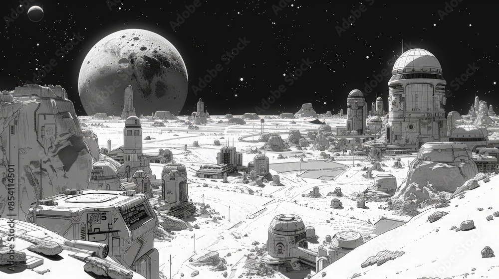 Grayscale Space Base on planet surface. Coloring page for adults. Stock ...