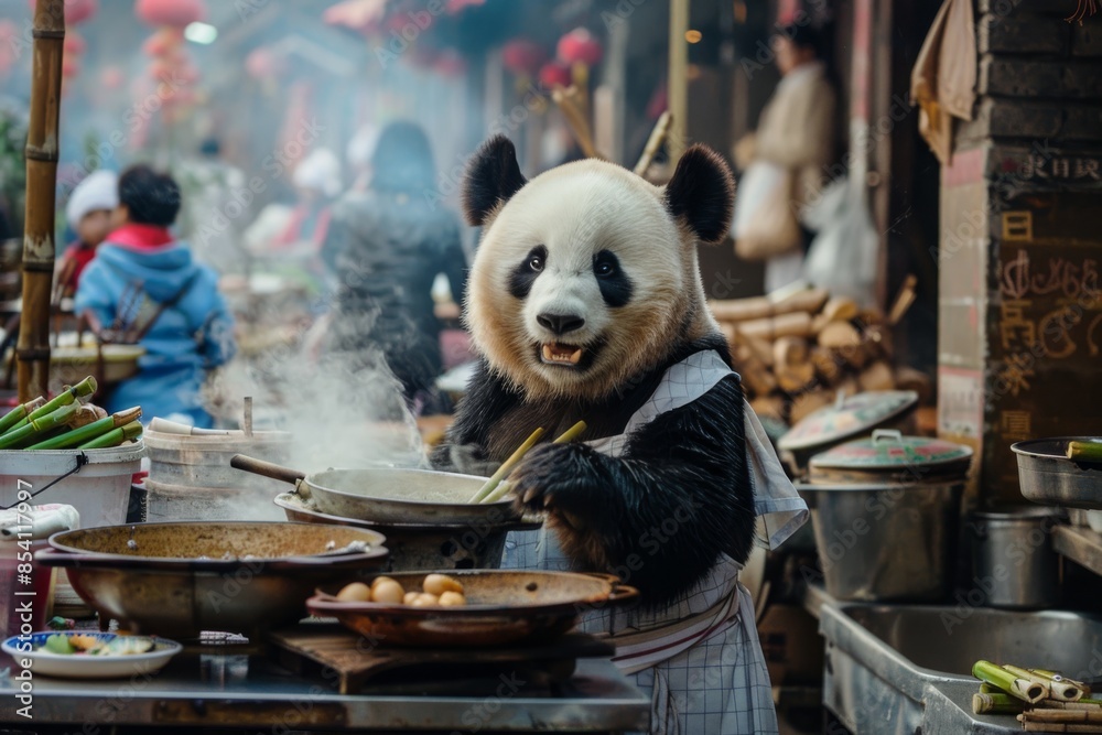 A happy panda chef prepares traditional bamboo dishes at a bustling ...