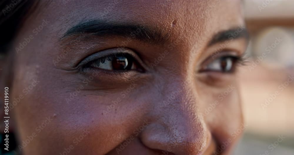 Woman, thinking and eyes with closeup outdoor in city for morning fresh ...