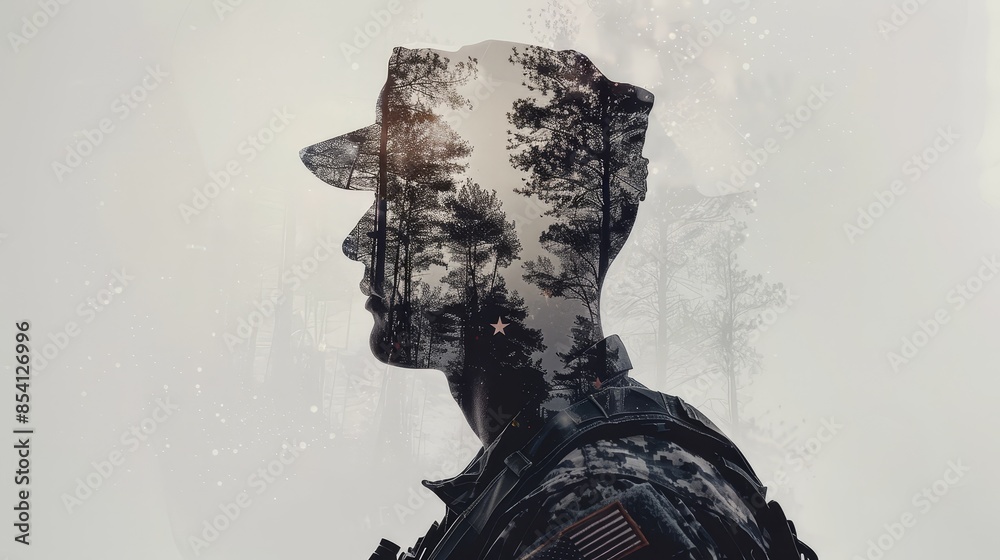 Powerful and dynamic double exposure artwork depicting a veteran Army ...