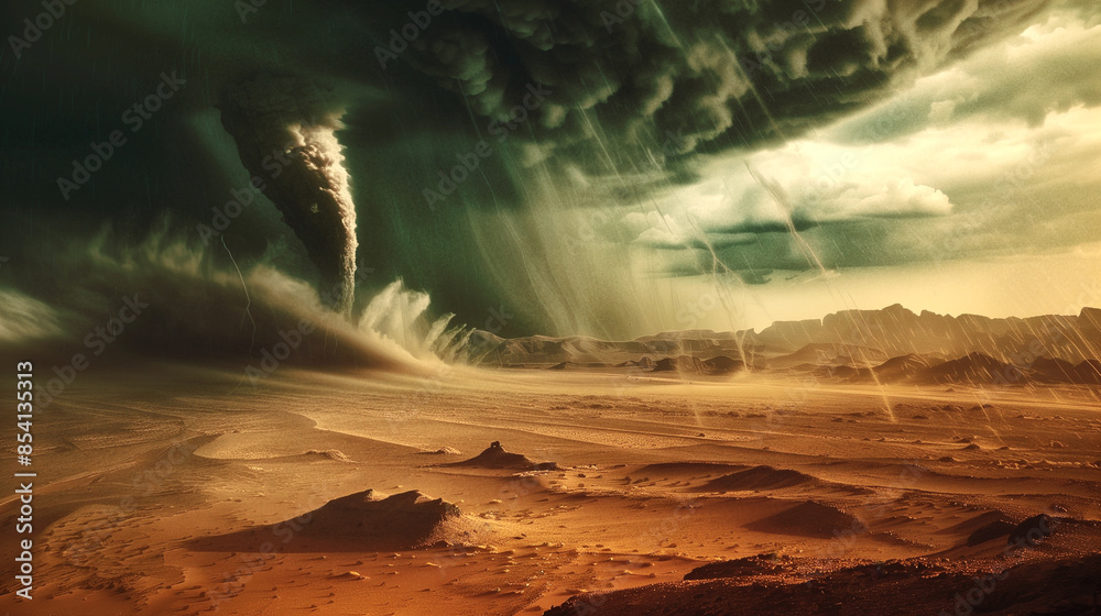 sand storm in desert with tornado funnel, concept of drought and global ...