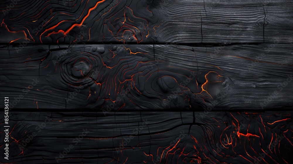 top view on black burning wood planks with fire veins ember, background ...