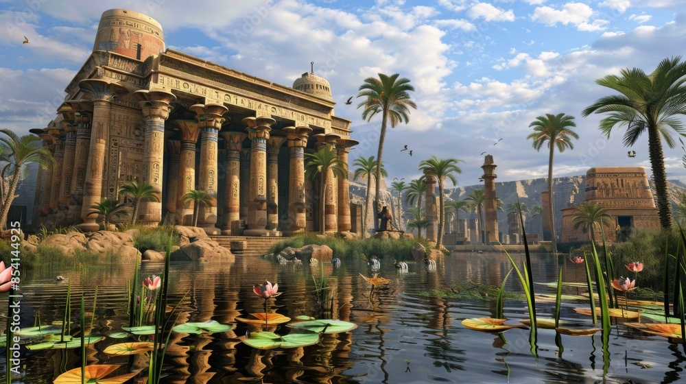 A serene landscape of an ancient Egyptian temple with towering pillars ...