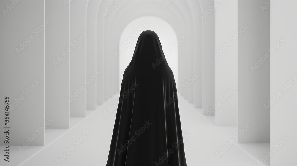 Hooded priest in dark attire walking away on a stark white background ...