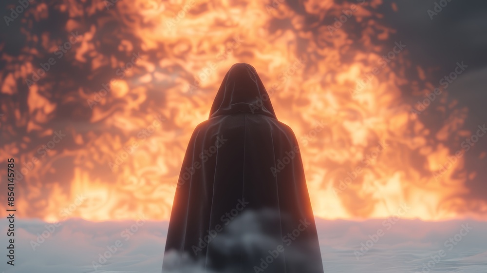 Hooded priest in dark attire walking away on a stark white background ...